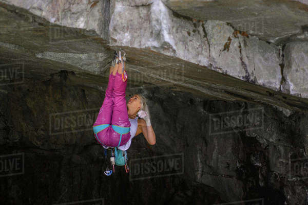 Trad climbing roof of My Little Pony route in Squamish, Canada - Stock ...