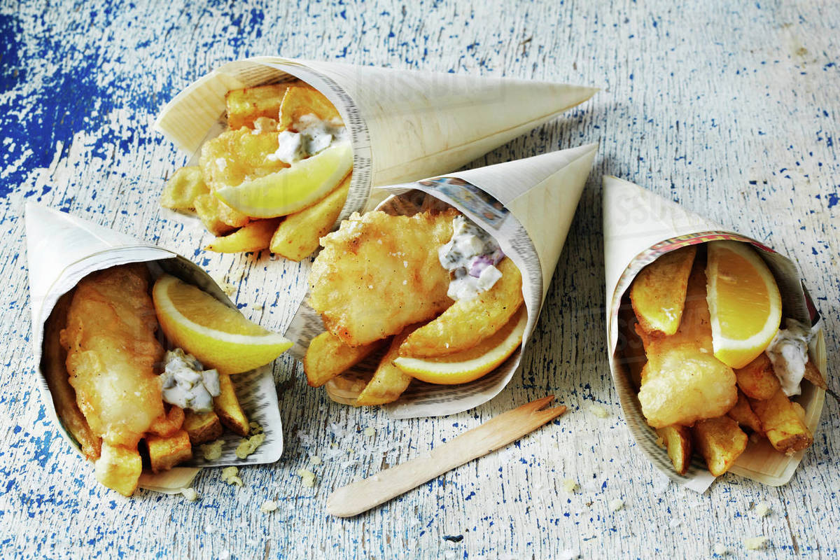 Still life with fish and chips in cones - Royalty-free Stock Photo ...