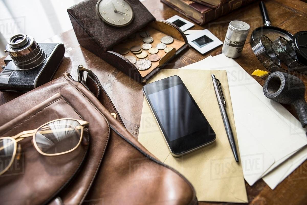 Still life of group of vintage objects with smartphone - Stock Photo ...