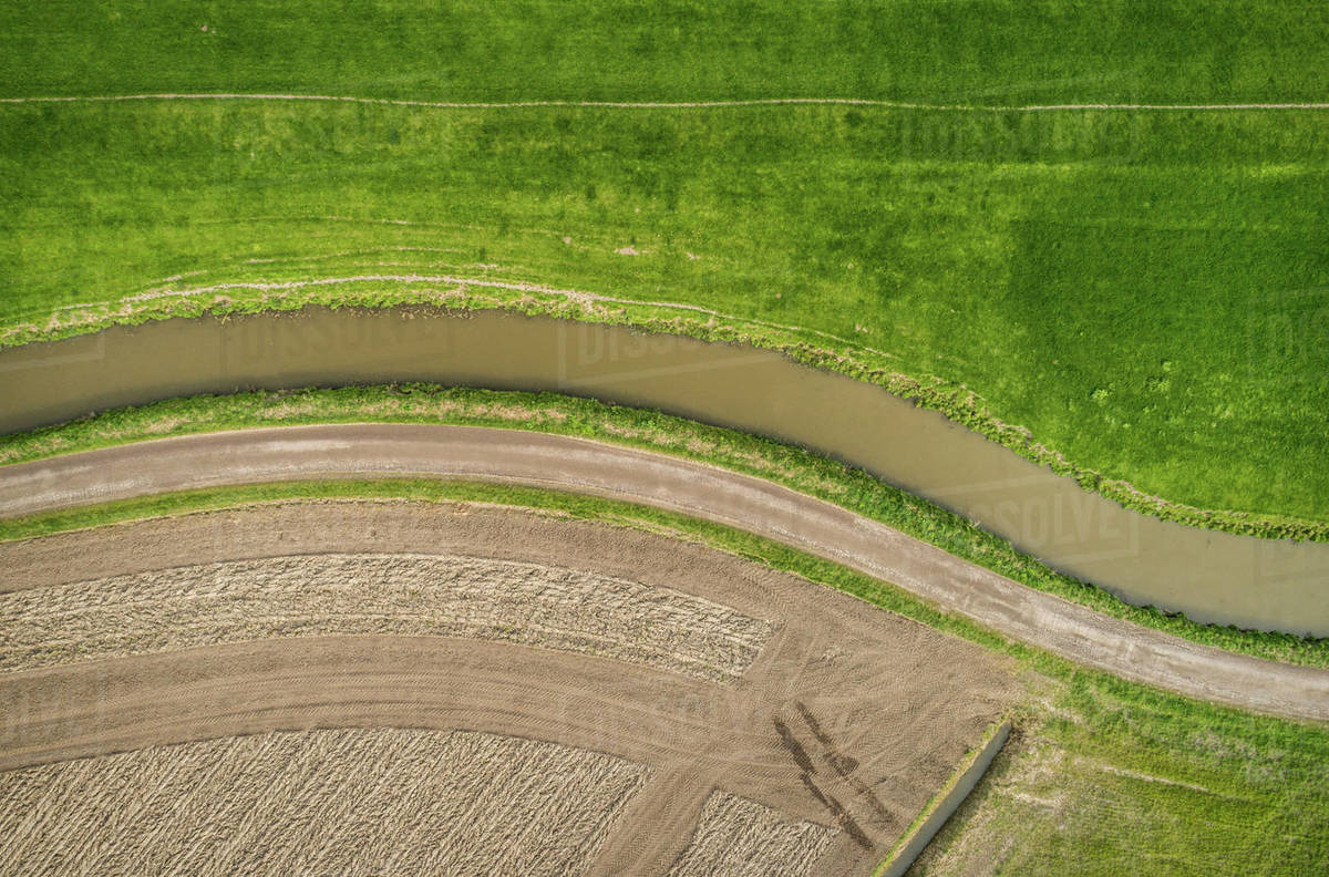 Ditch, dyke, ploughed field and pasture, overhead view, Maasdijk ...