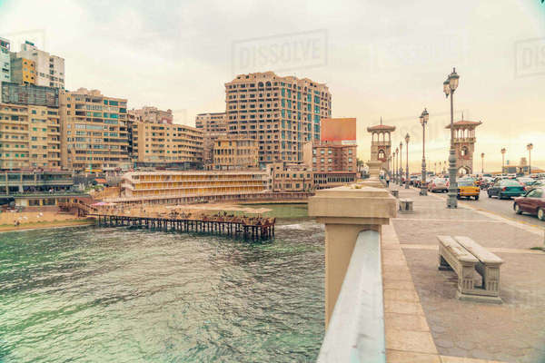 Stnaley Bridge and beach on the Mediterranean sea, Alexandria, Egypt ...