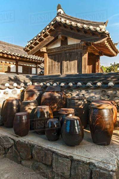Traditional Kimchi pots at the Hangok open air museum in Seoul, South ...