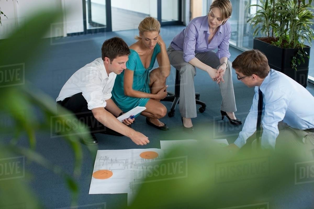 Businesspeople examining work in office - Stock Photo - Dissolve