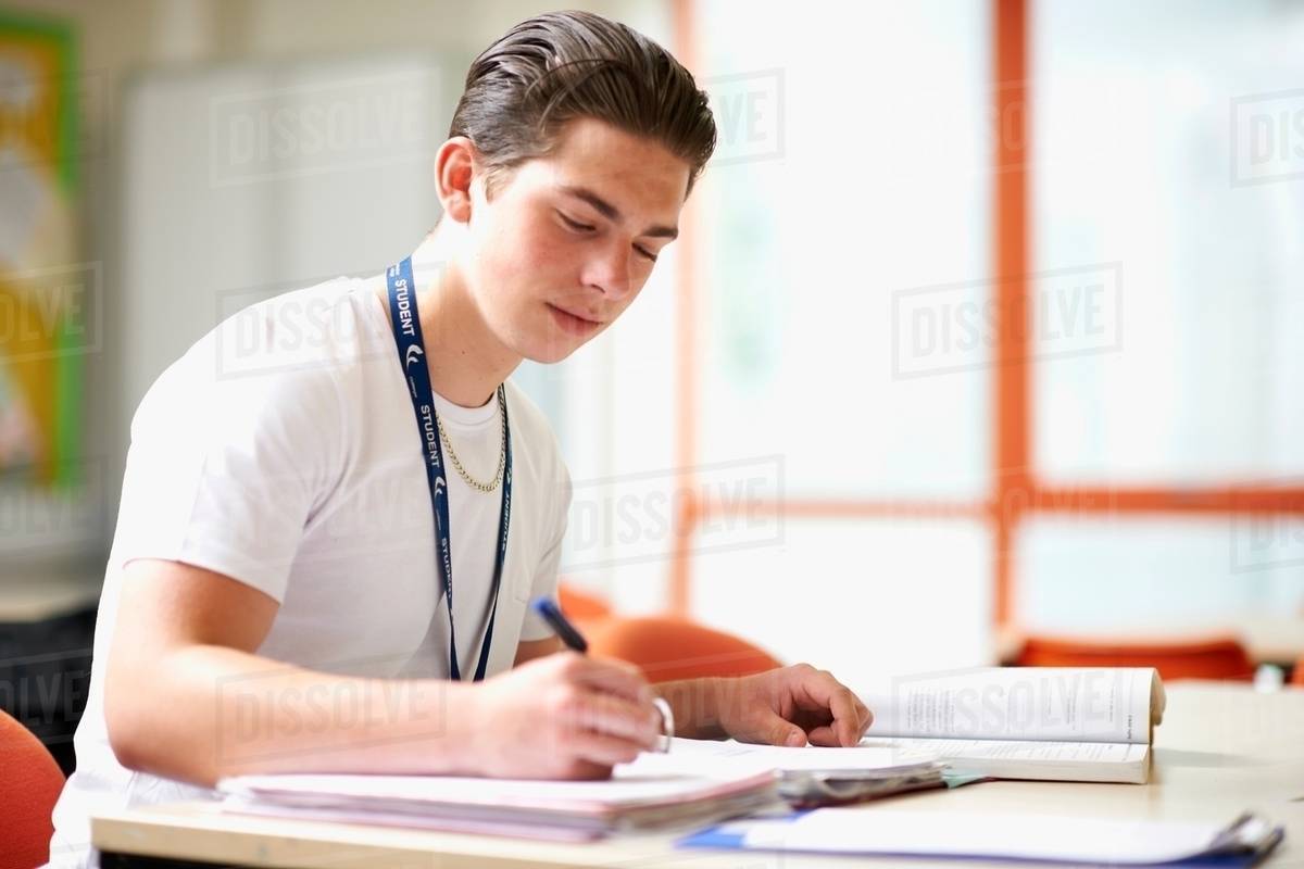 Male teenage student writing in file - Stock Photo - Dissolve