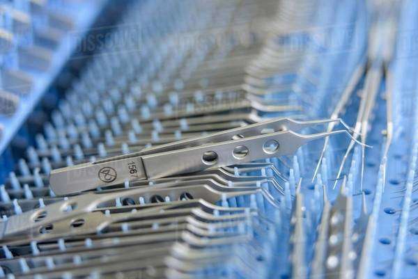Close up of surgical instruments in clean room of surgical instruments ...