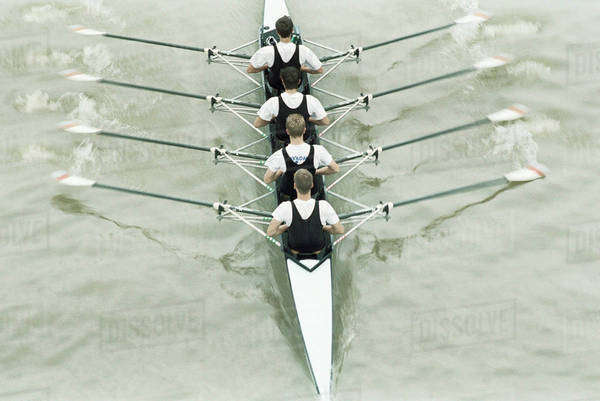 Rowing team rowing scull, oars out of water, high angle view - Royalty ...