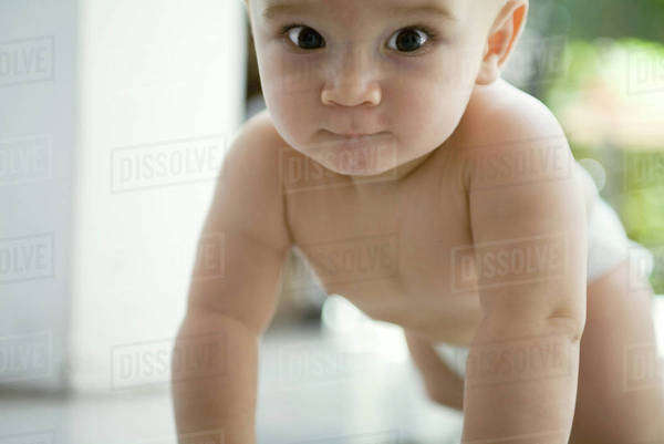 Baby crawling on floor, looking at camera - Royalty-free Stock Photo ...