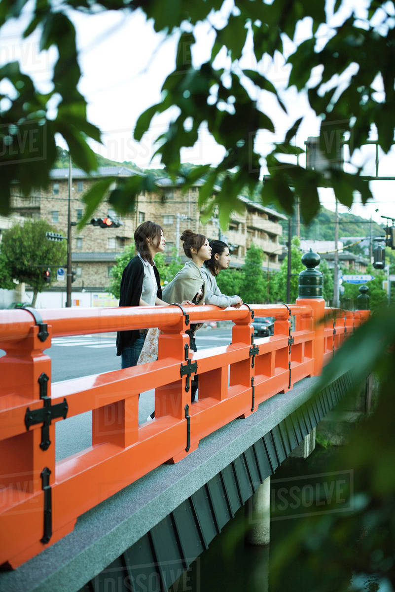 Young friends standing on bridge, looking at view - Stock Photo - Dissolve