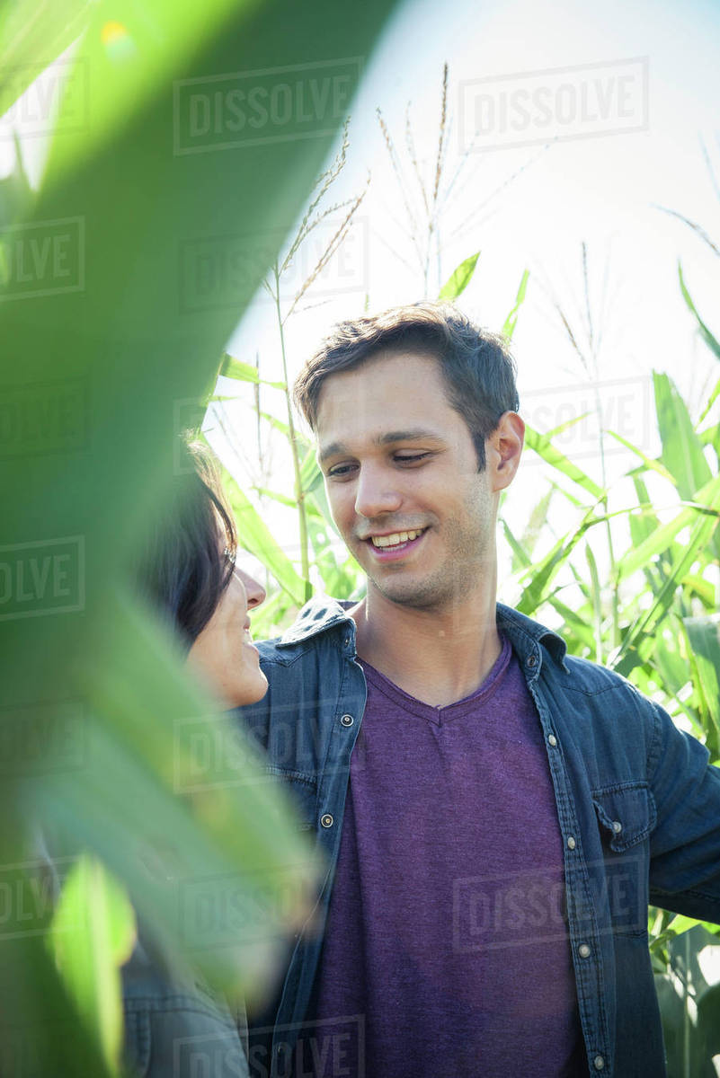 Couple talking together in cornfield - Stock Photo - Dissolve