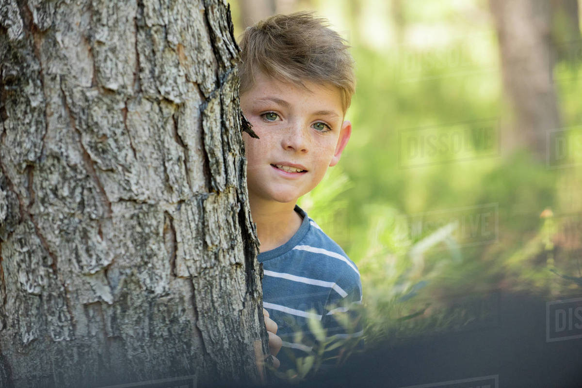 Boy peeking around tree trunk, portrait - Royalty-free Stock Photo ...