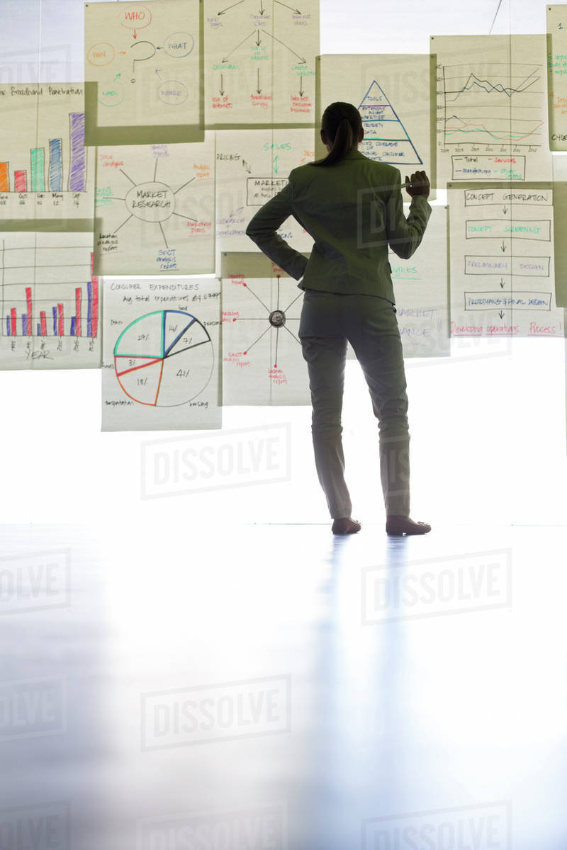 Businesswoman viewing charts and graphs on office wall - Stock Photo ...