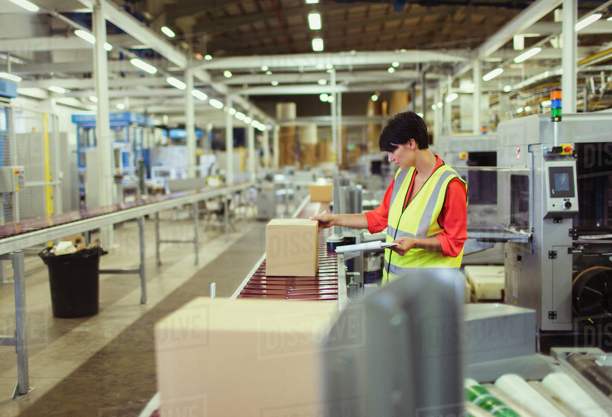 Worker checking cardboard boxes on conveyor belt production line in ...
