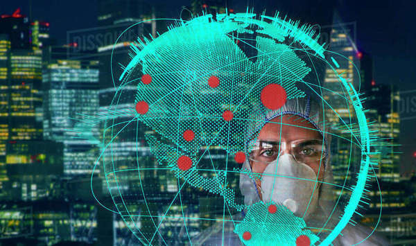 Portrait scientist in flu mask behind global pandemic outbreak ...