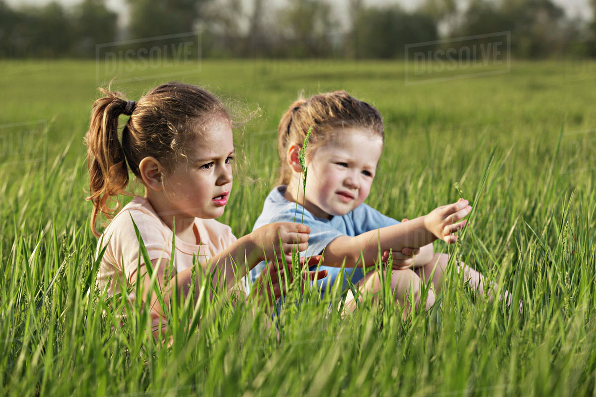 Two young girls sitting in a field - Stock Photo - Dissolve
