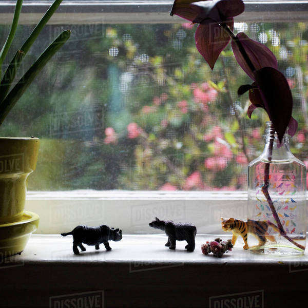 A line of miniature plastic toy animals on a window sill - Stock Photo ...