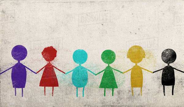 Multi colored people standing side by side with holding hands - Royalty ...