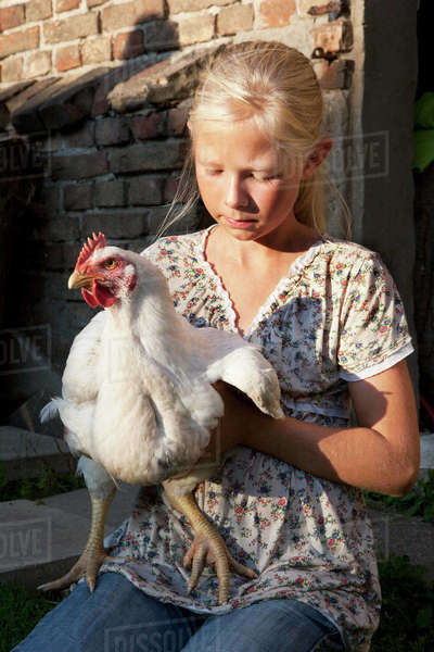 Girl holding rooster - Royalty-free Stock Photo | Dissolve