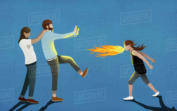 Angry girl breathing fire toward parents - Royalty-free Stock Photo ...