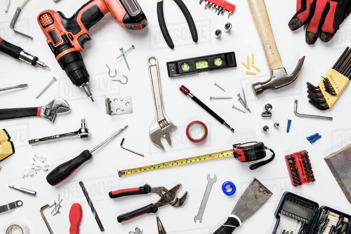 View from above tools on white background - knolling - Stock Photo ...