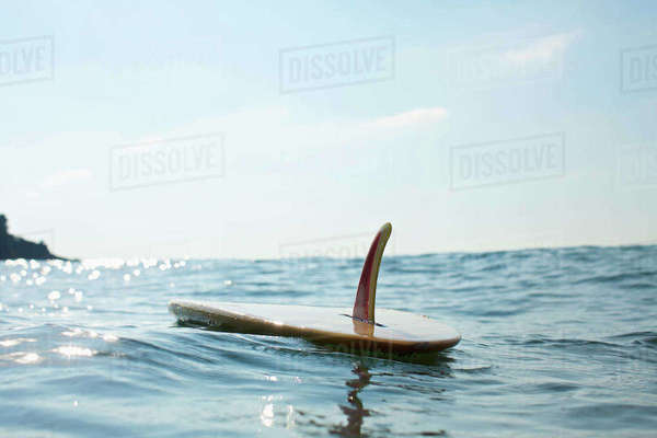Surfboard floating on sunny blue ocean - Stock Photo - Dissolve