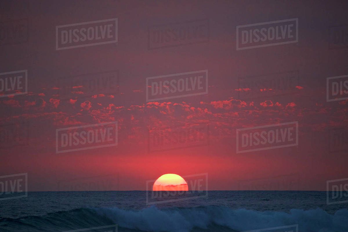 Sunset in red sky over ocean horizon, Punta de Mita, Nayarit, Mexico ...