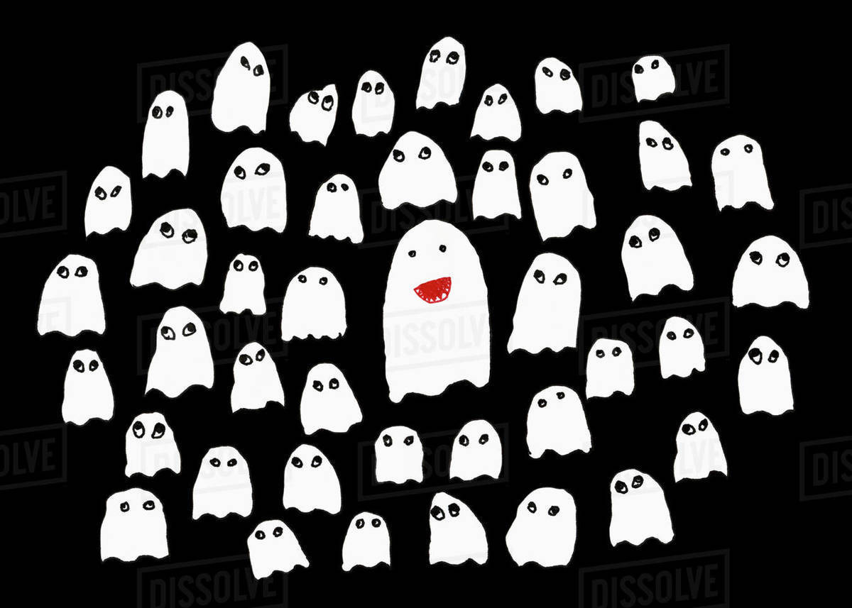 Drawing of cute white ghosts on black background - Stock Photo - Dissolve