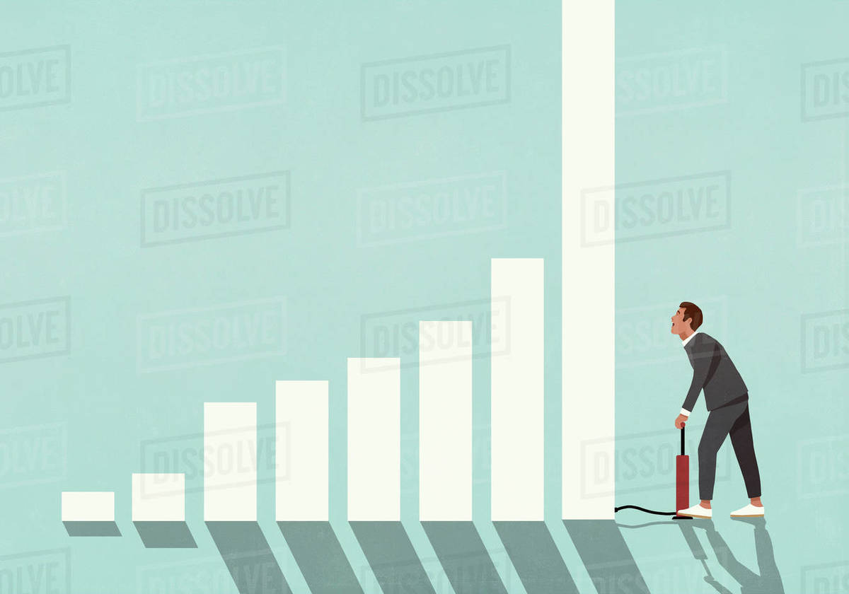 Businessman inflating bar graph with tire pump - Stock Photo - Dissolve