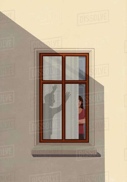 Shadow of angry man gesticulating at woman in apartment window - Stock ...