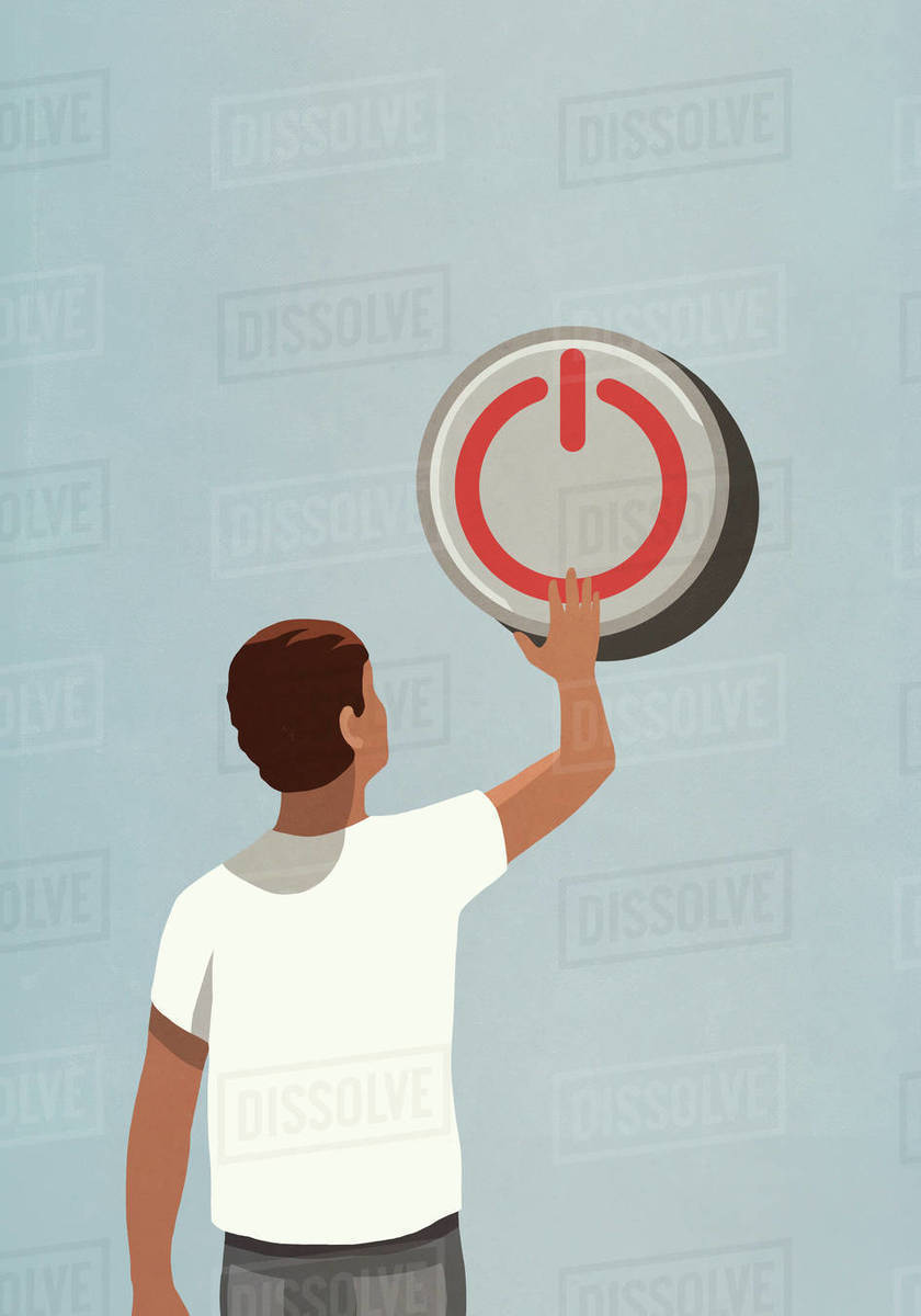 Man pushing large off button - Stock Photo - Dissolve