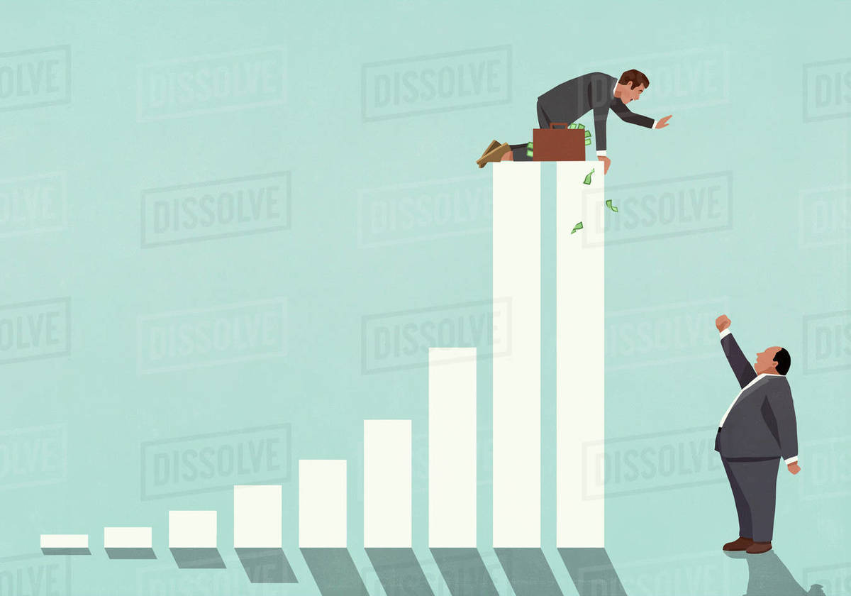 Businessman on top of bar graph waving at angry boss - Royalty-free ...