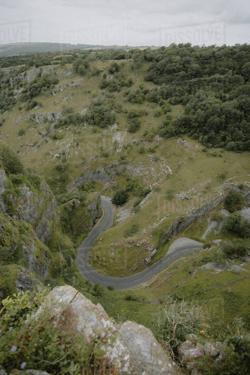 High angle view winding road, Cheddar Gorge, Cheddar, England - Stock ...