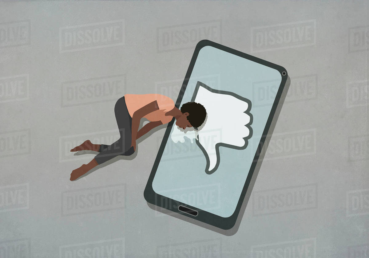 Woman crying on smart phone screen with social media dislike button ...