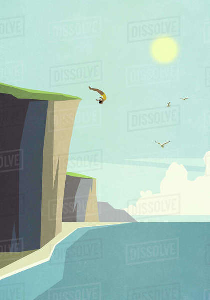 Woman diving off cliff into idyllic summer ocean - Stock Photo - Dissolve