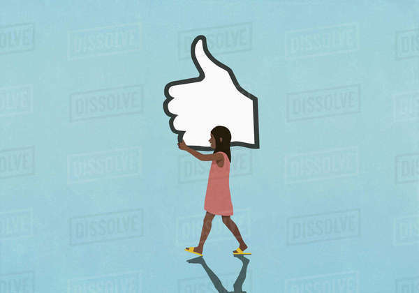 Social Media like button above walking girl with smart phone - Stock ...