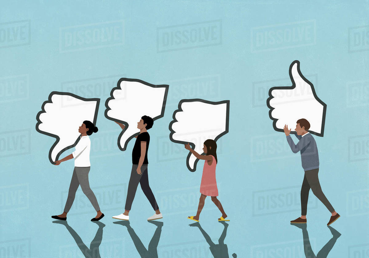 Like and dislike buttons over people walking on blue background - Stock ...