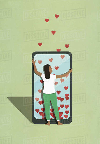 Woman hugging smart phone with hearts - Stock Photo - Dissolve