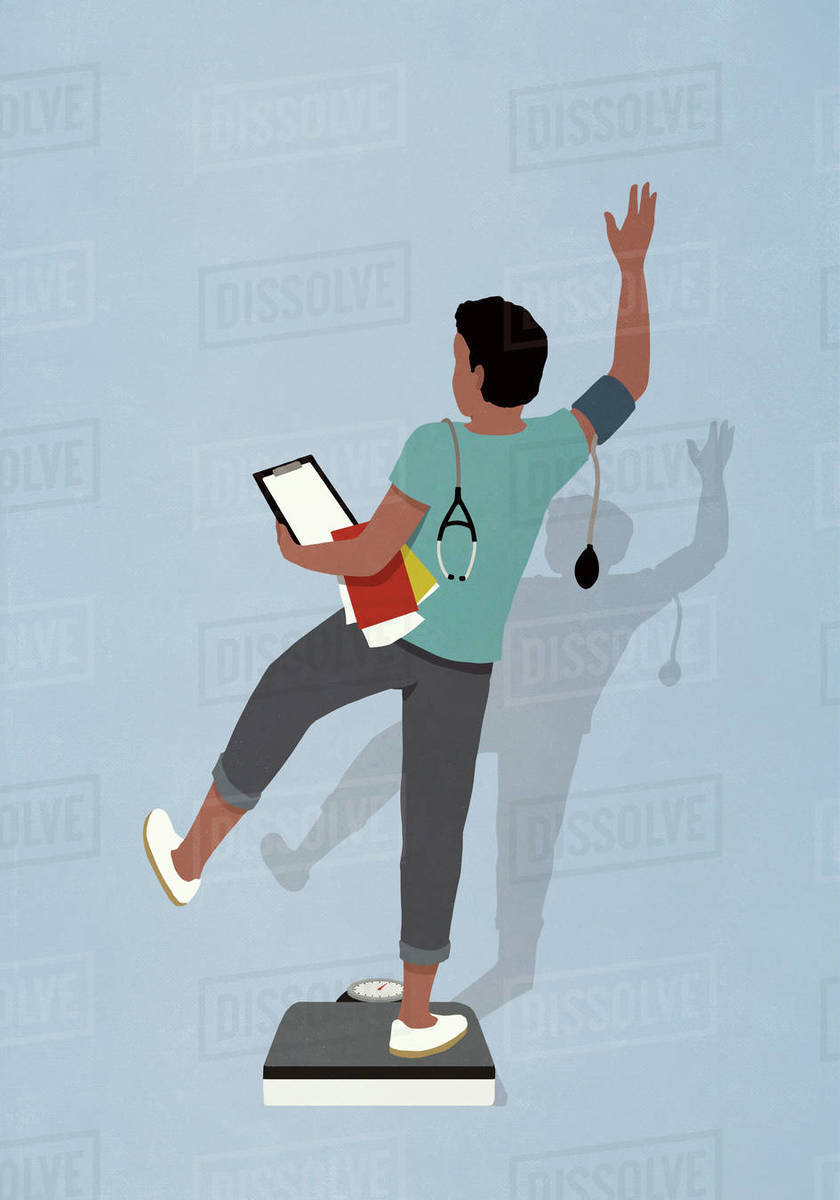 Man with clipboard, books and blood pressure cuff falling off weight ...