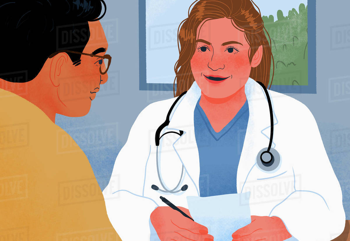 Female doctor with prescription talking to male patient in office ...