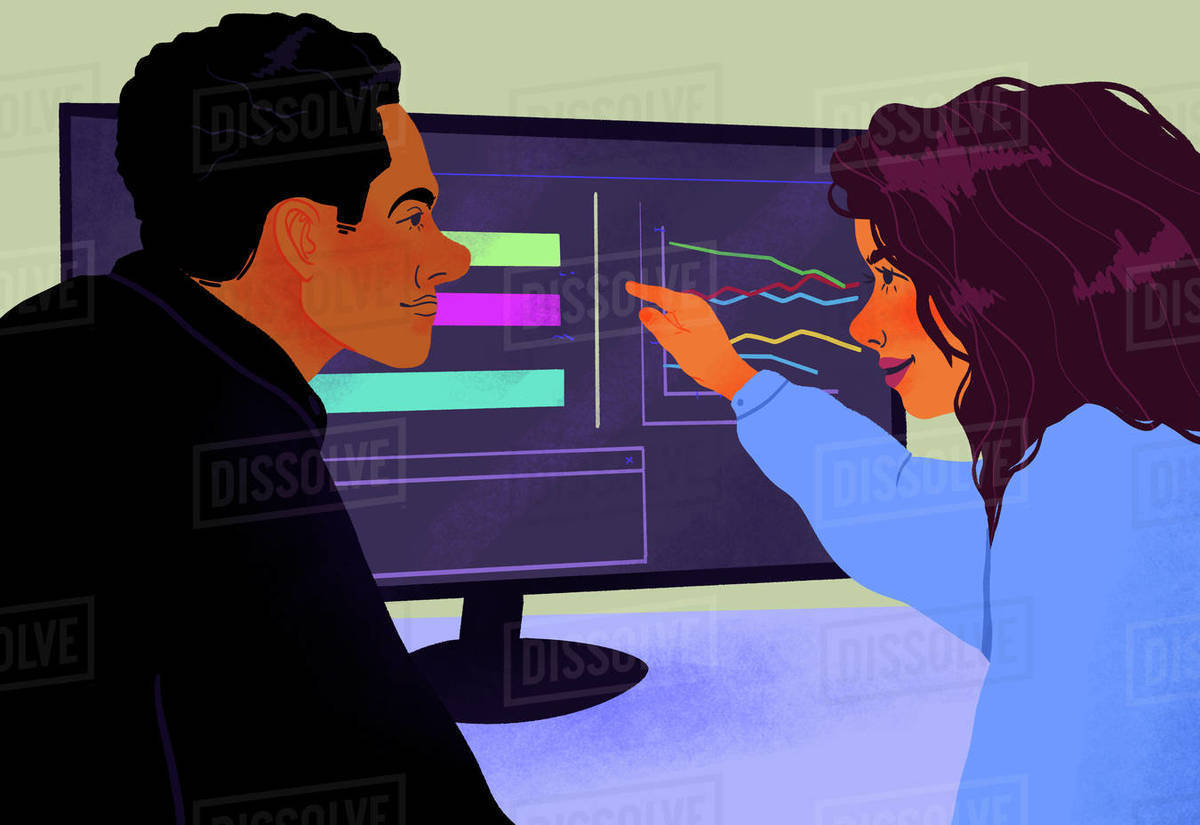Business people discussing data on computer screen in meeting - Royalty ...